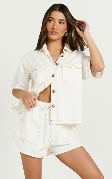Brydie Two Piece Set - Denim Short Set in White