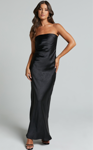 Charlita Maxi Dress - Strapless Cowl Back Satin Dress in Chocolate