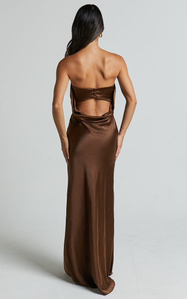 Charlita Maxi Dress - Strapless Cowl Back Satin Dress in Chocolate | Showpo UK.