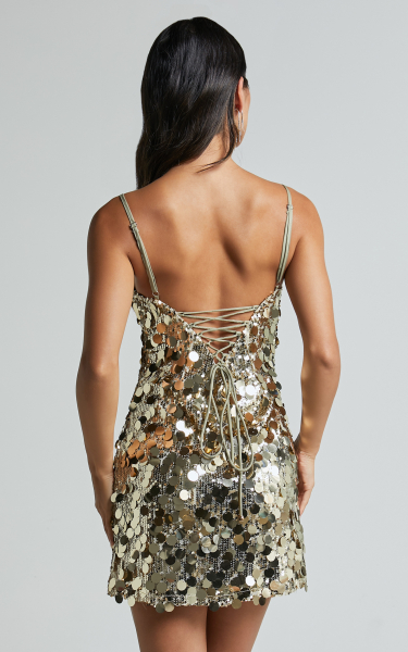 Cleo Mini Dress - Circle Sequin Mini Dress in Light Gold