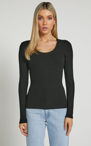 Krysta Top - Long Sleeve Scoop Neck Top in Black