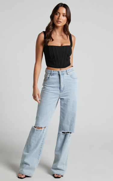 Pellar Top - Square Neck Corset Top in Black