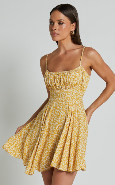 Summer Jam Mini Dress - Strappy Slip Dress in Yellow Floral