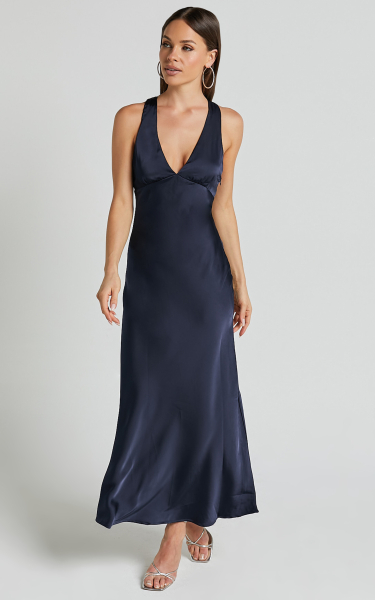 Khalani Midi Dress Deep V Neck Satin Slip Dress In Navy Showpo Uk