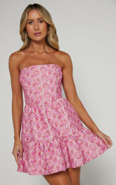 Brailey Mae Mini Dress - Strapless Tiered Dress in Pink Floral | Showpo UK