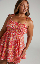 Liahna Mini Dress - Ruched Bust Tie Shoulder A-Line Dress in Red Floral ...